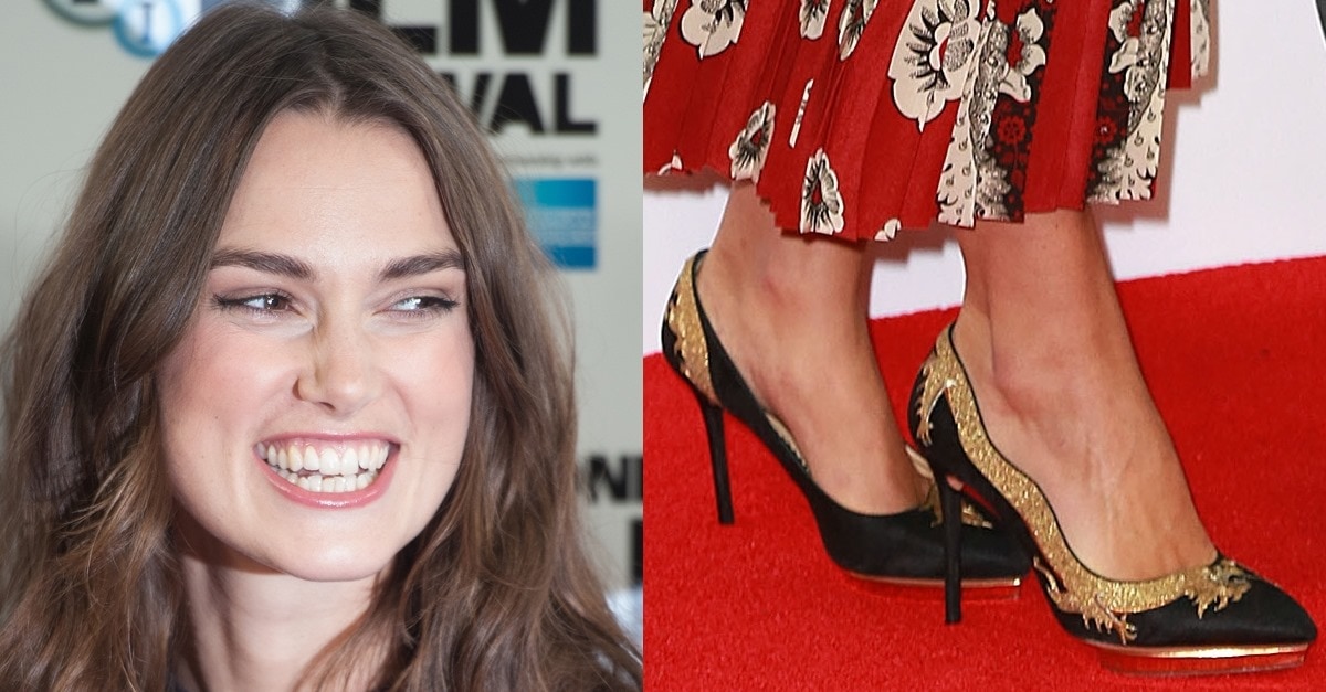 Keira Knightley in Arabesque-Print Dress & Auspicious Debbie Dragon Pumps