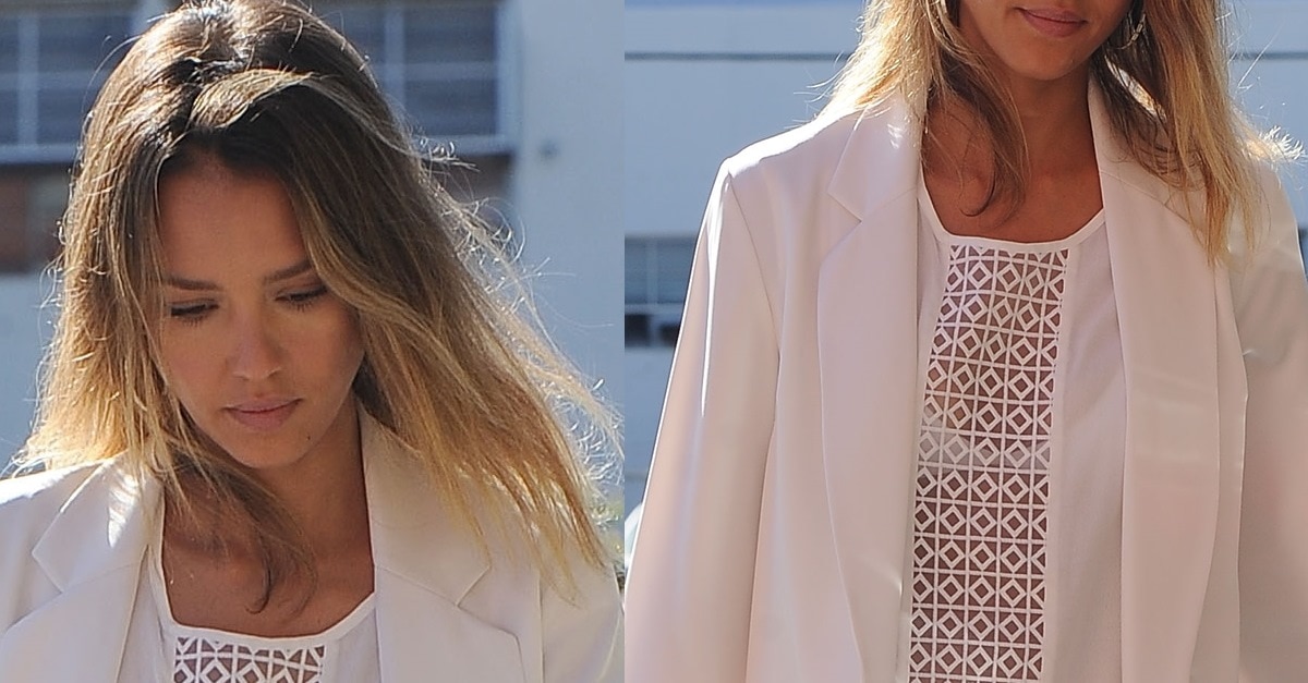 Pink Stitch Sheer Mesh Top and White Blazer Worn by Jessica Alba