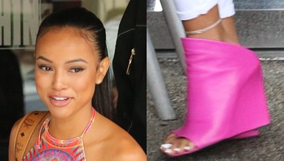 Karrueche Tran Shows Off Sexy Toes in Pink Balenciaga Wedge Mules