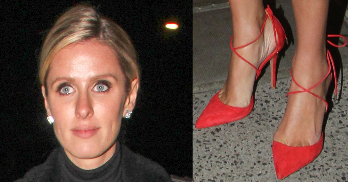 Nicky Hilton Flaunts Legs in Studded Miniskirt & Red Matilde Pumps