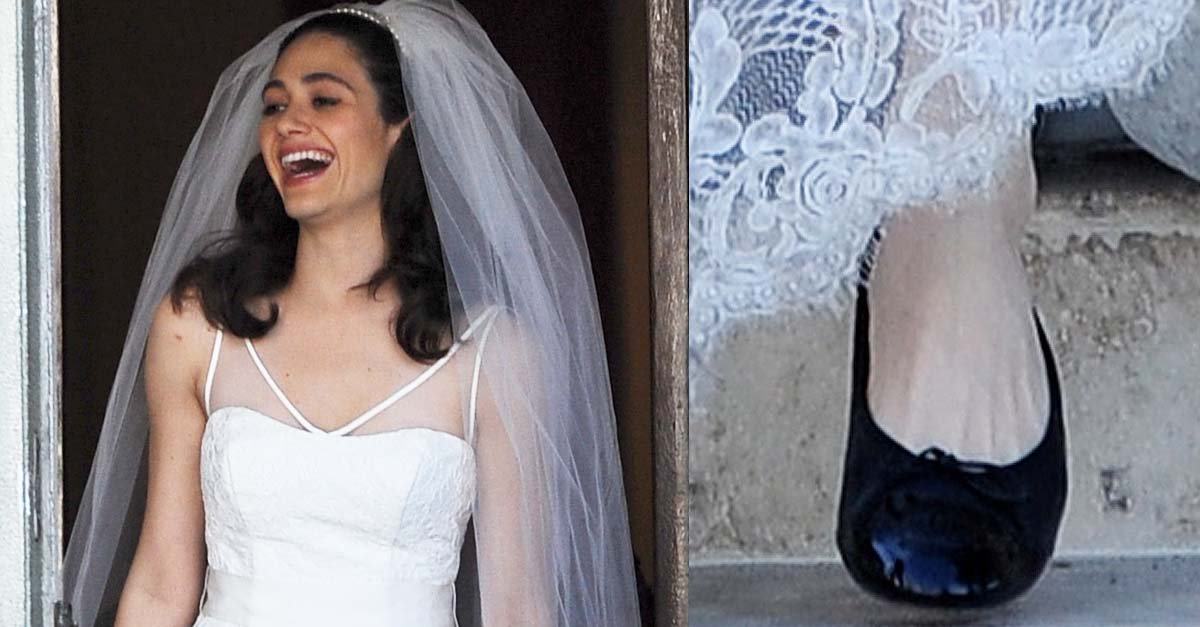 Emmy Rossum Films Shameless Wedding in Black Repetto Ballet Flats