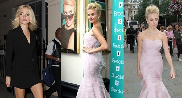 Pixie Lott Revives Audrey Hepburn’s Glamour in Gold Heels, Perspex ...