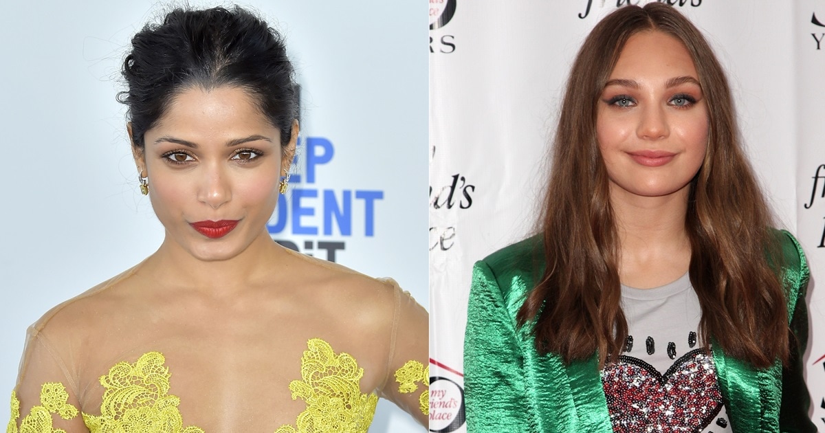 Freida Pinto and Maddie Ziegler in Pearl-Embellished 'Penelope' Sandals
