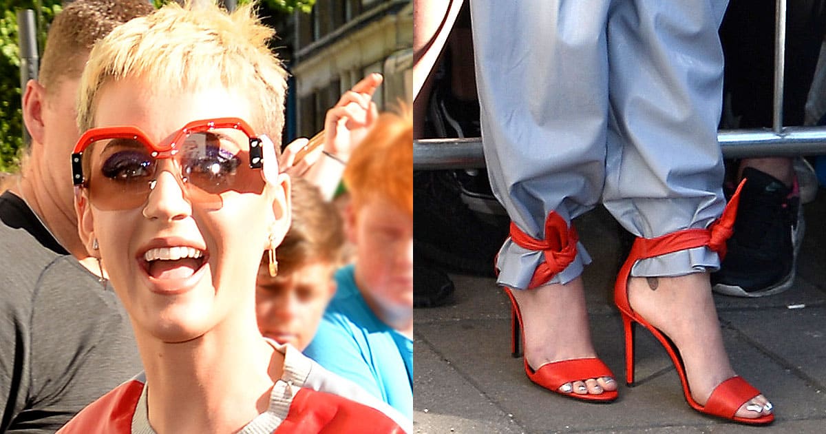 Katy Perry Ties Red Ankle-Tie Carioca Sandals Over Her Pants
