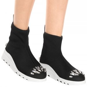 Glittering Rib-Knit Sock Ankle Boots in Black and Silver