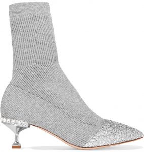 Glittering Rib-Knit Sock Ankle Boots in Black and Silver