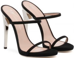 Sculpted G Heel Sandals in Black, Red, Green, and Mirrored Leather