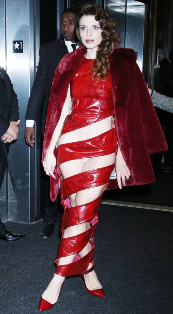 Julia Fox Pairs Prada Patent Pumps With Daring Red Mowalola Leather Dress