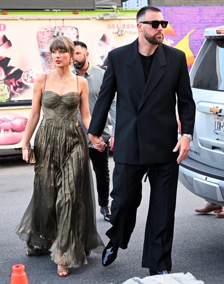 Taylor Swift Attends Brooklyn Wedding With Fiancé Travis Kelce in Gold ...